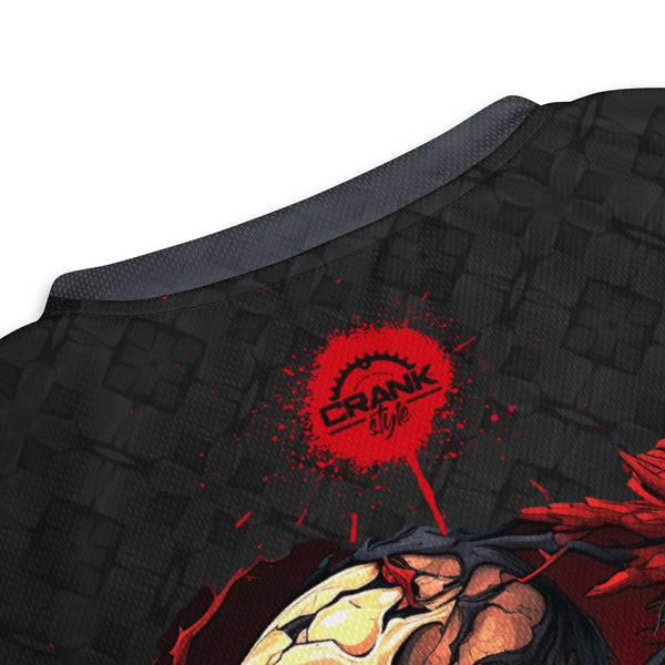 Unisex UPF50+ Red & Black Torn Flesh Skull V-Neck MTB Jersey - Crank Style